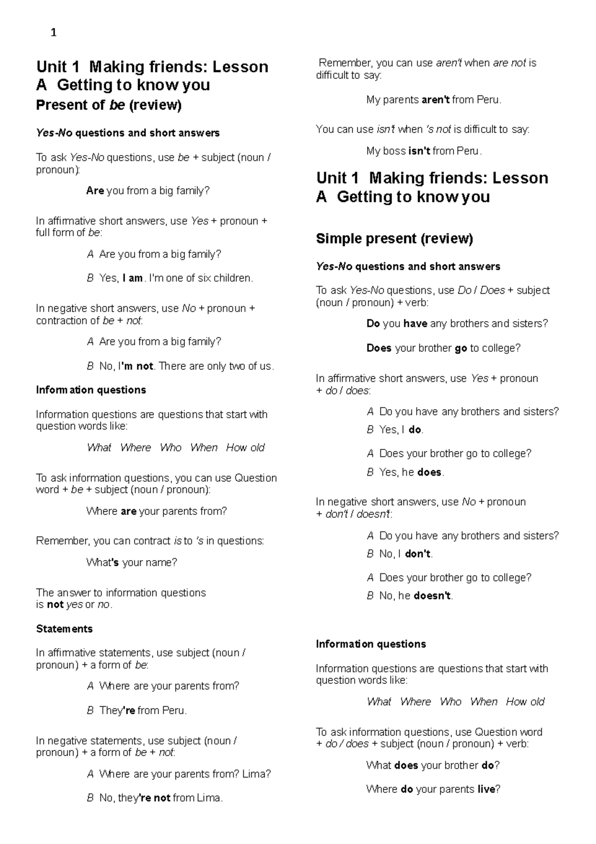 Unit 1 - 2 - Unit 2 and 3 - Unit 1 Making friends: Lesson A Getting to ...