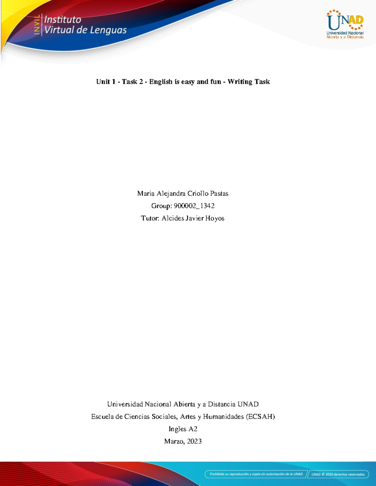 Ejemplo - listo - Unit 1 - Task 2 - English is easy and fun - Writing ...