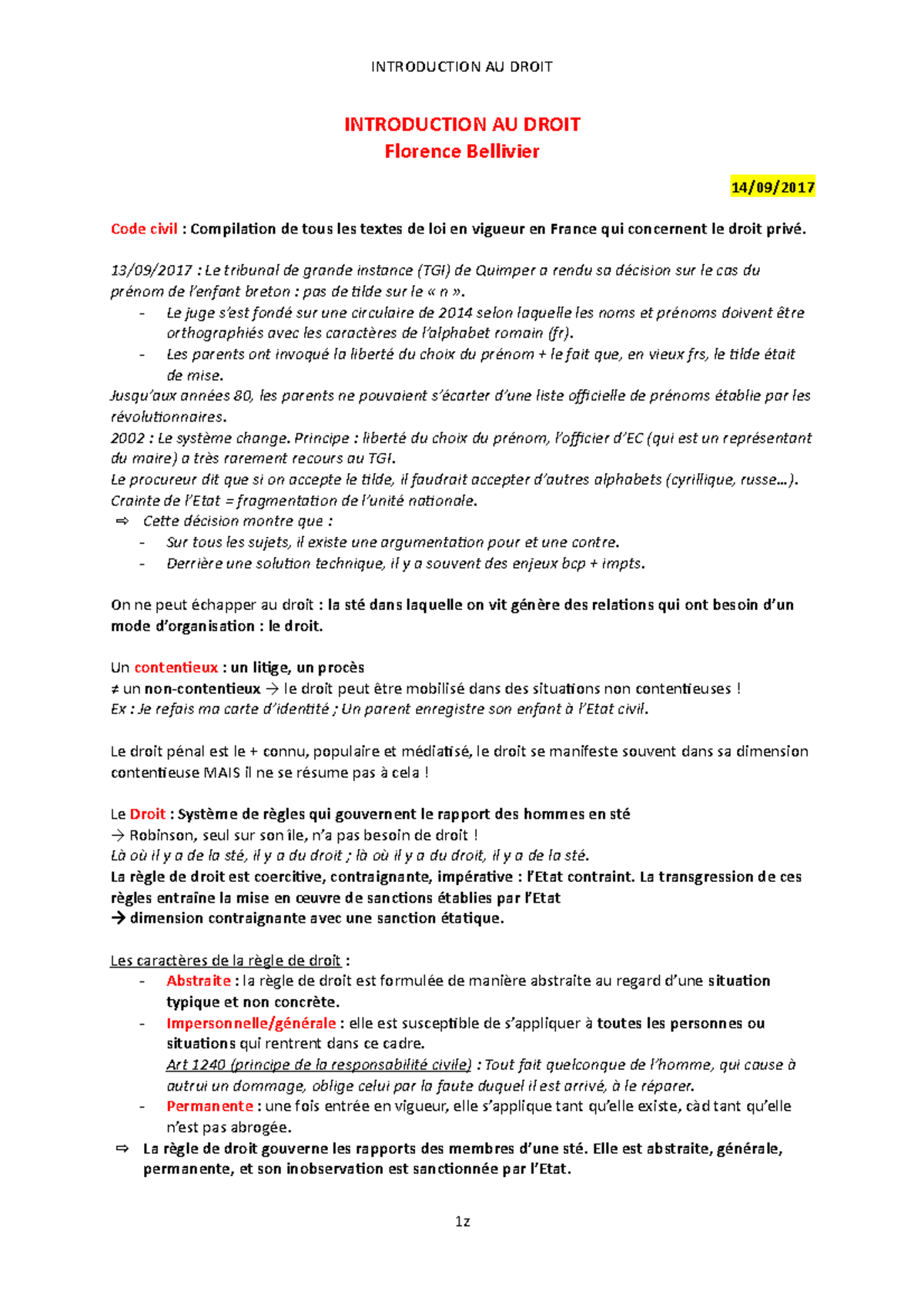 Intro au droit - CM1-CM6 - INTRODUCTION AU DROIT Florence Bellivier 14/09/ Code civil ...
