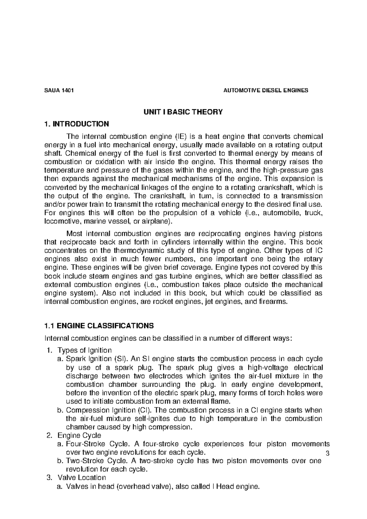 Basic Theory notes - SAUA 1401 AUTOMOTIVE DIESEL ENGINES UNIT I BASIC ...