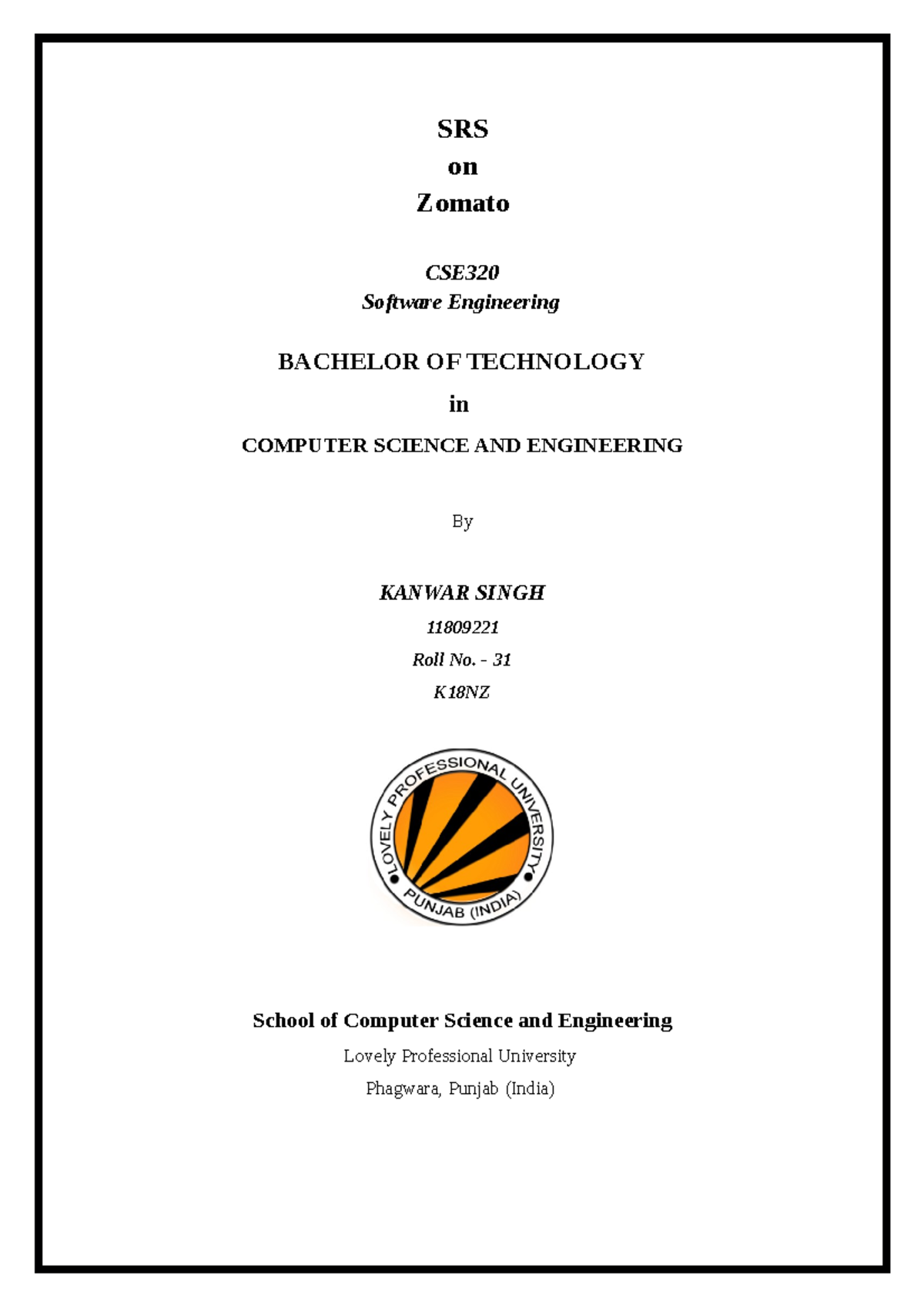 Zomato SRS.docx - fff - SRS on Zomato ####### CSE ####### Software Engineering BACHELOR OF - Studocu