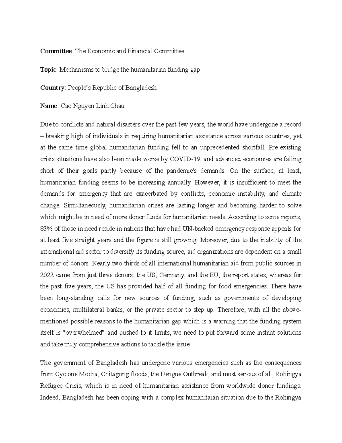 Position Paper - Stance of Bangladesh - Committee: The Economic and ...