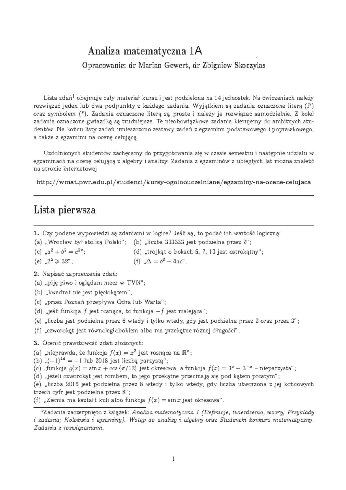 LZ AM1A - Analiza matematyczna 1 (2020/2021) Opracowanie: dr Marian ...