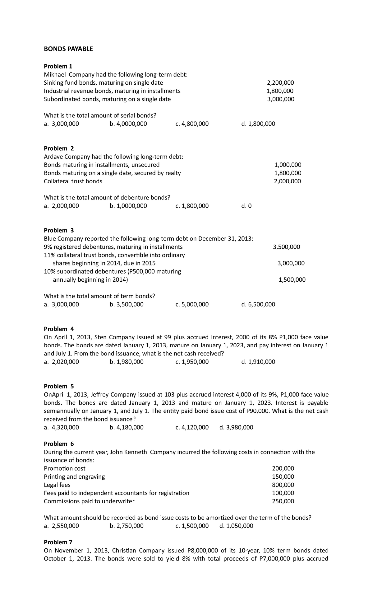 Bonds-Payable - BONDS PAYABLE - BONDS PAYABLE Problem 1 Mikhael Company ...