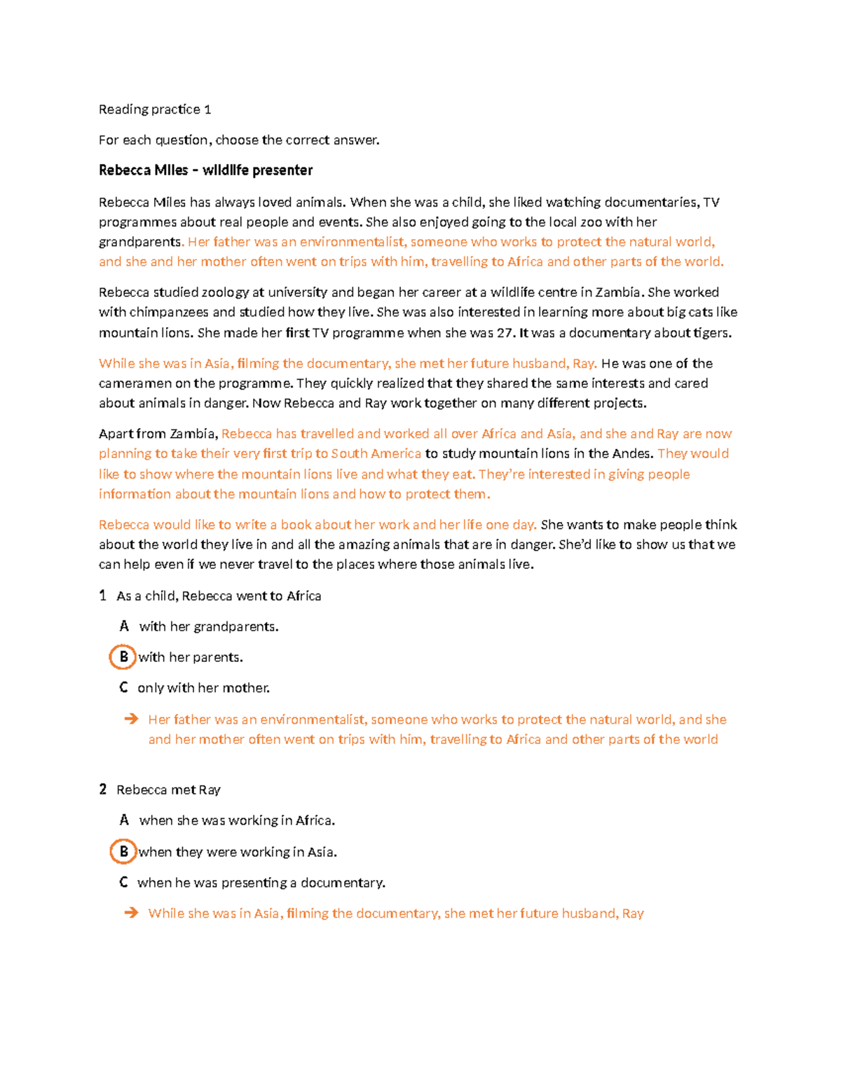 Reading practice 1 - TA1 - Reading practice 1 For each question, choose ...