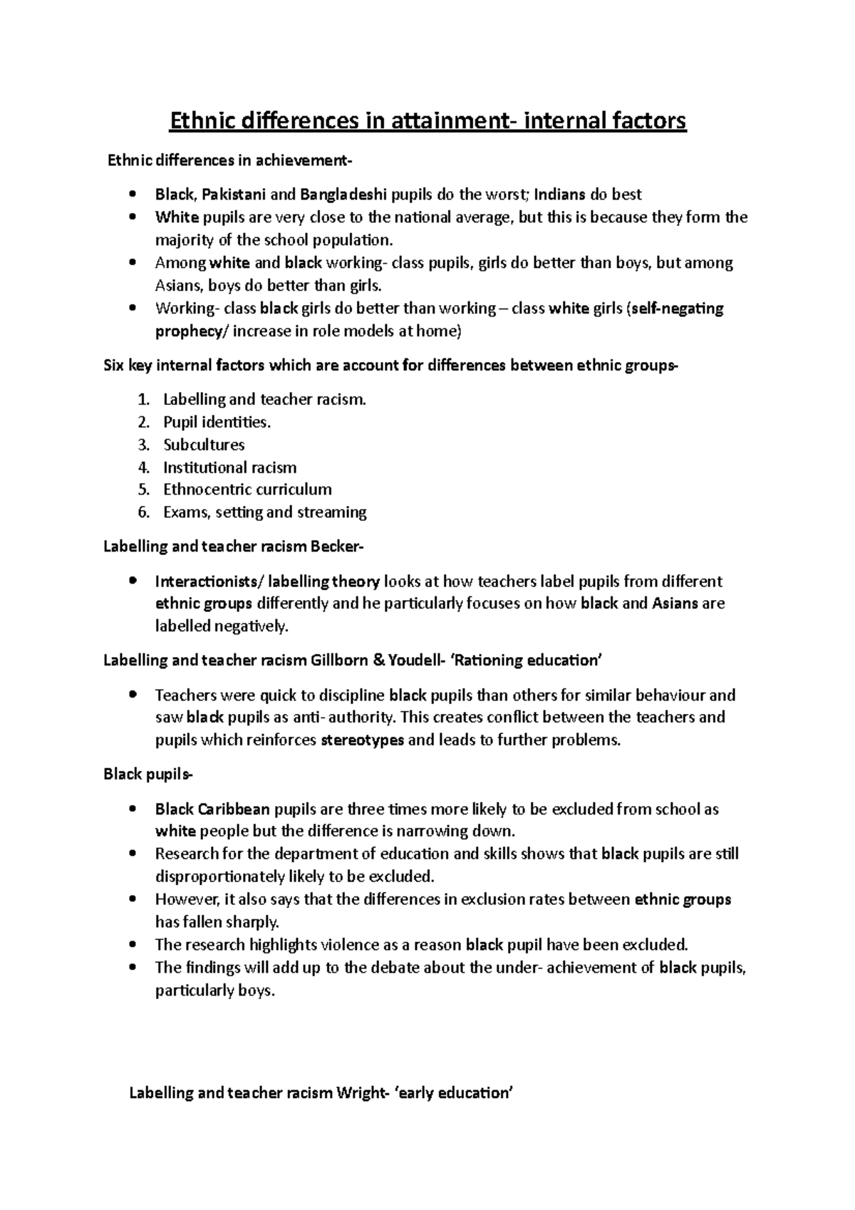 Notes - essay - Ethnic differences in attainment- internal factors ...
