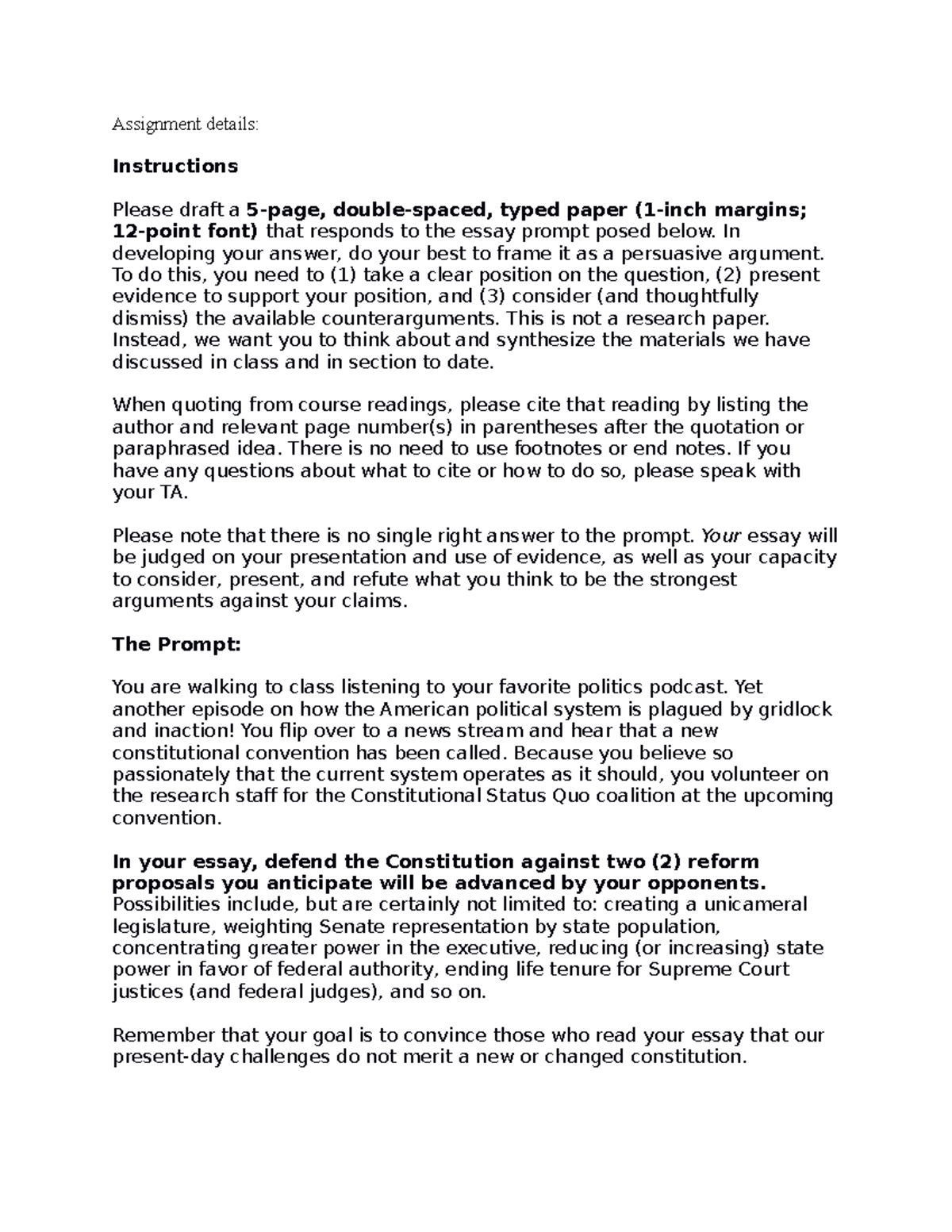 First Essay - Assignment details: Instructions Please draft a 5-page ...