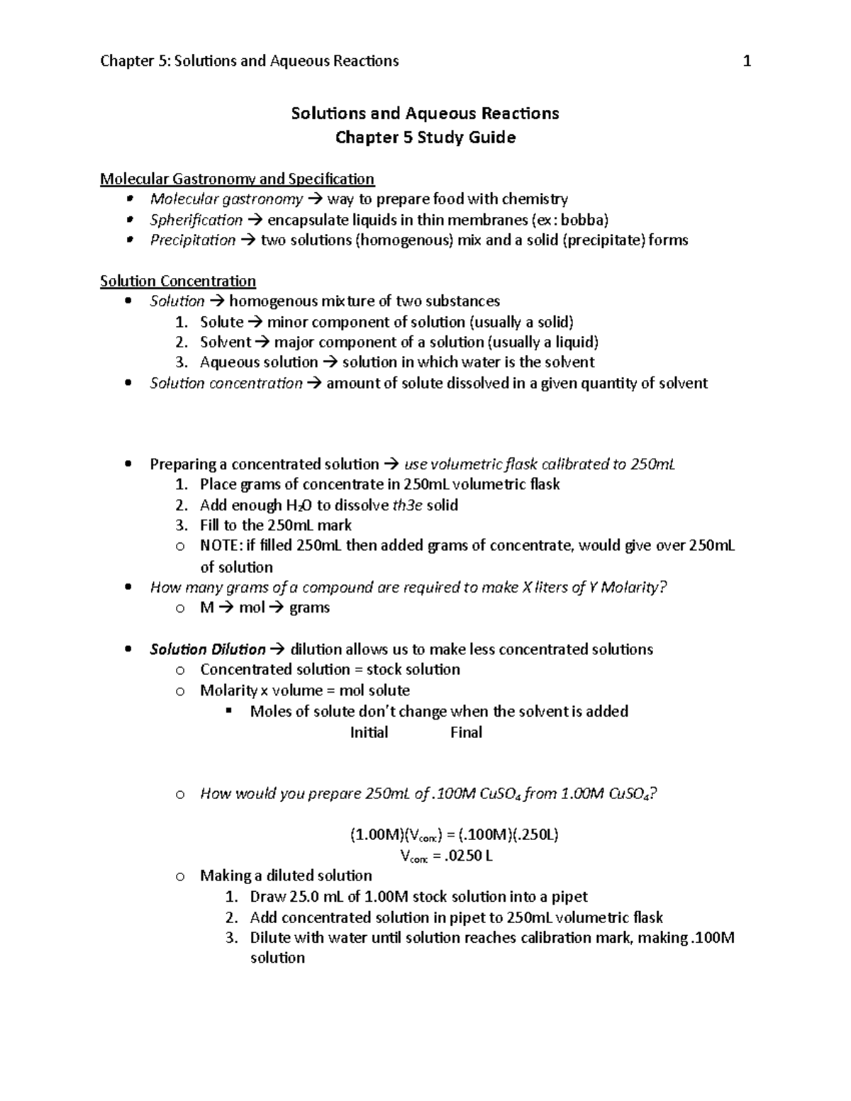 Gen Chem I - Chapter 5 Study Guide, Prof Deak - Solutions and Aqueous ...