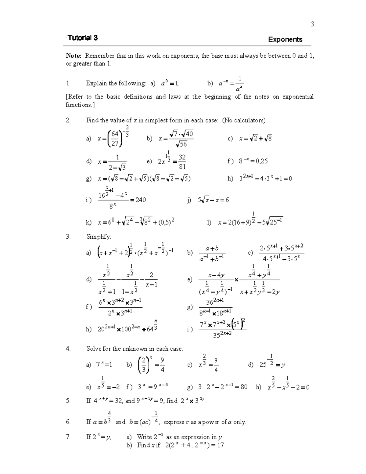 Tutorial 3 - 3 Tutorial Chapter 2 Part 2 Exponents Note: Remember that ...
