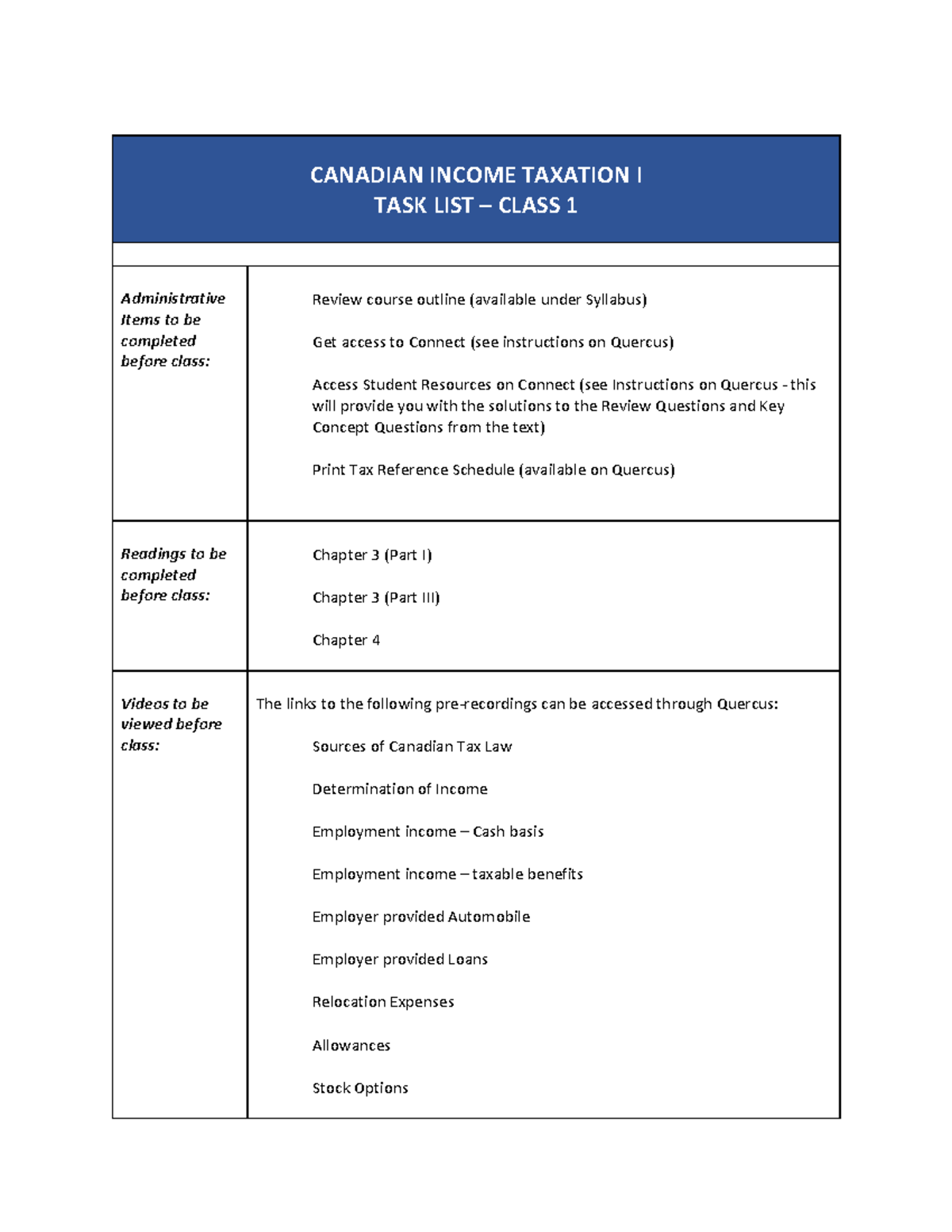 Task List Week 1-1 - lecture notes - CANADIAN INCOME TAXATION I TASK ...
