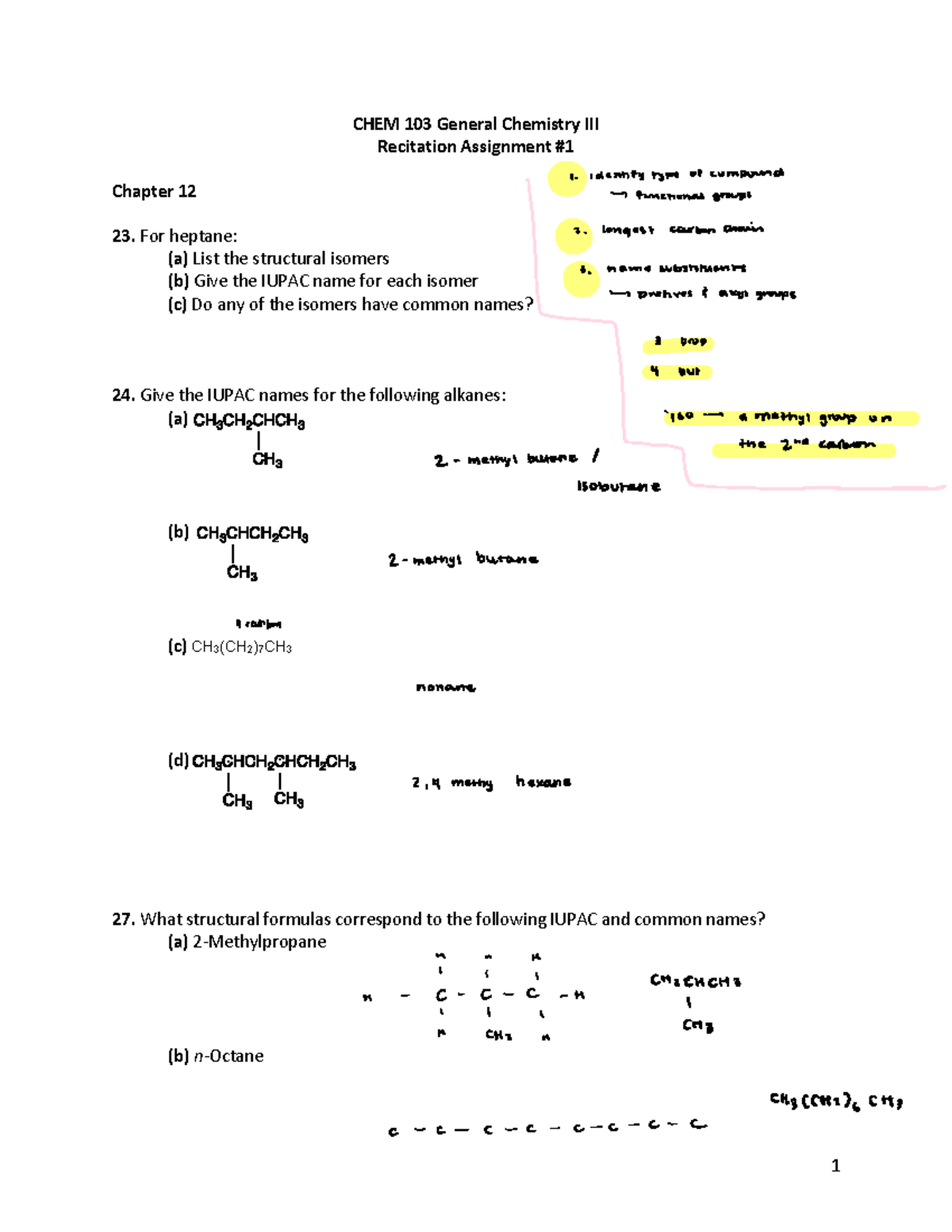 CHEM 103 Recitation #1 answers - 1 CHEM 103 General Chemistry III Recitation Assignment ...