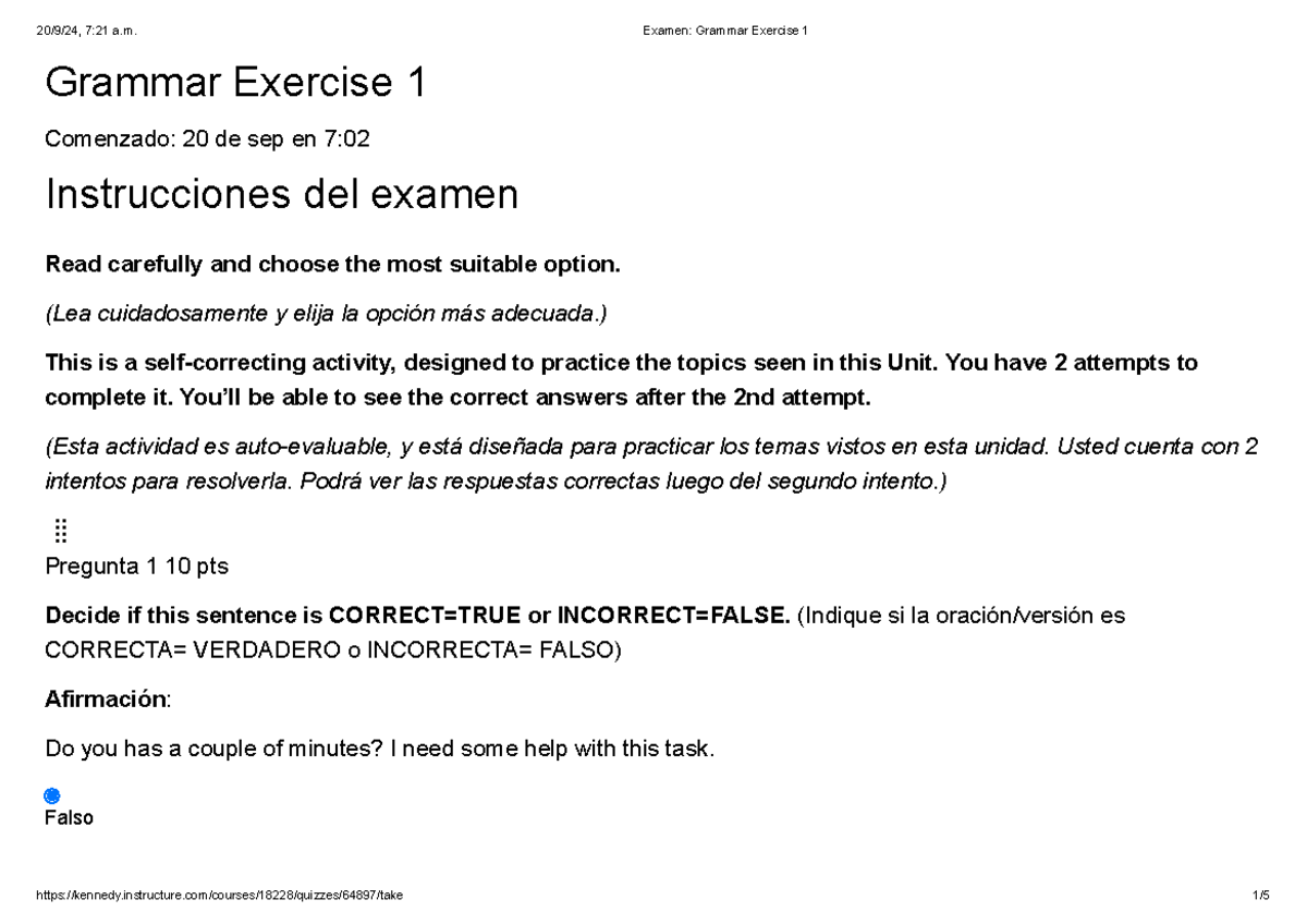 Examen Grammar Exercise 1 Grammar Exercise 1 Comenzado 20 De Sep En