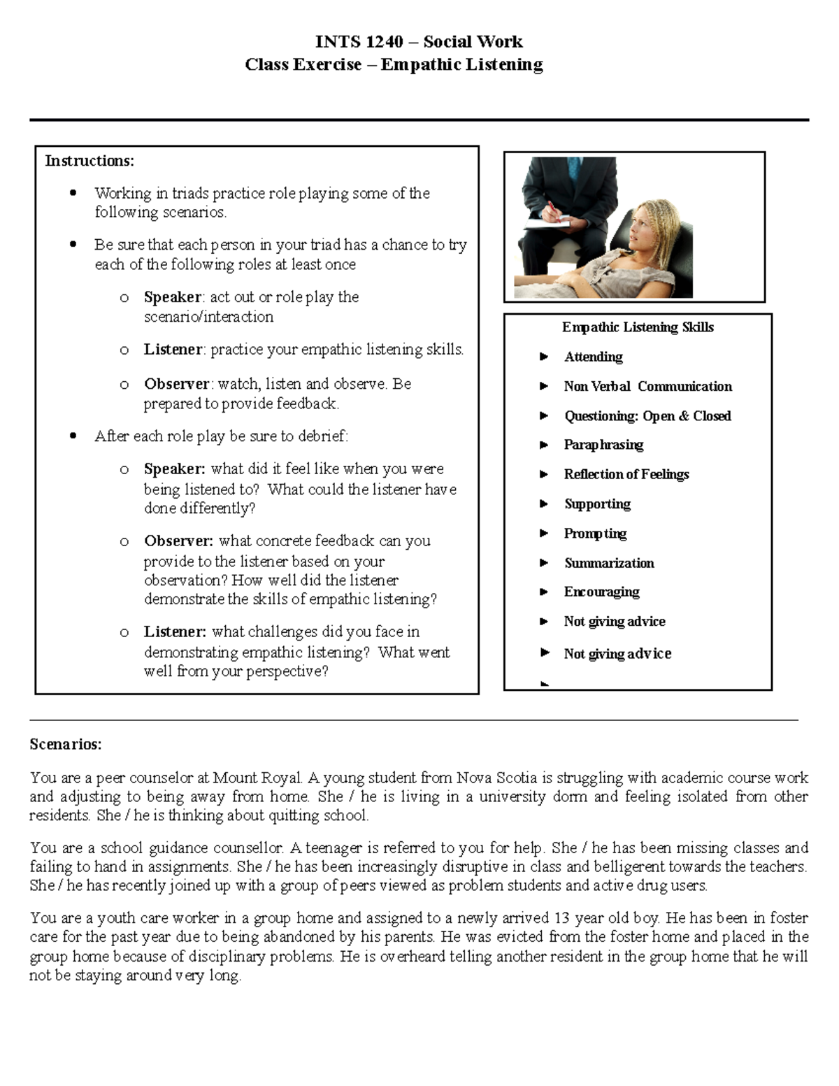 Empathic listening exercise social work scenarios - INTS 1240 – Social ...