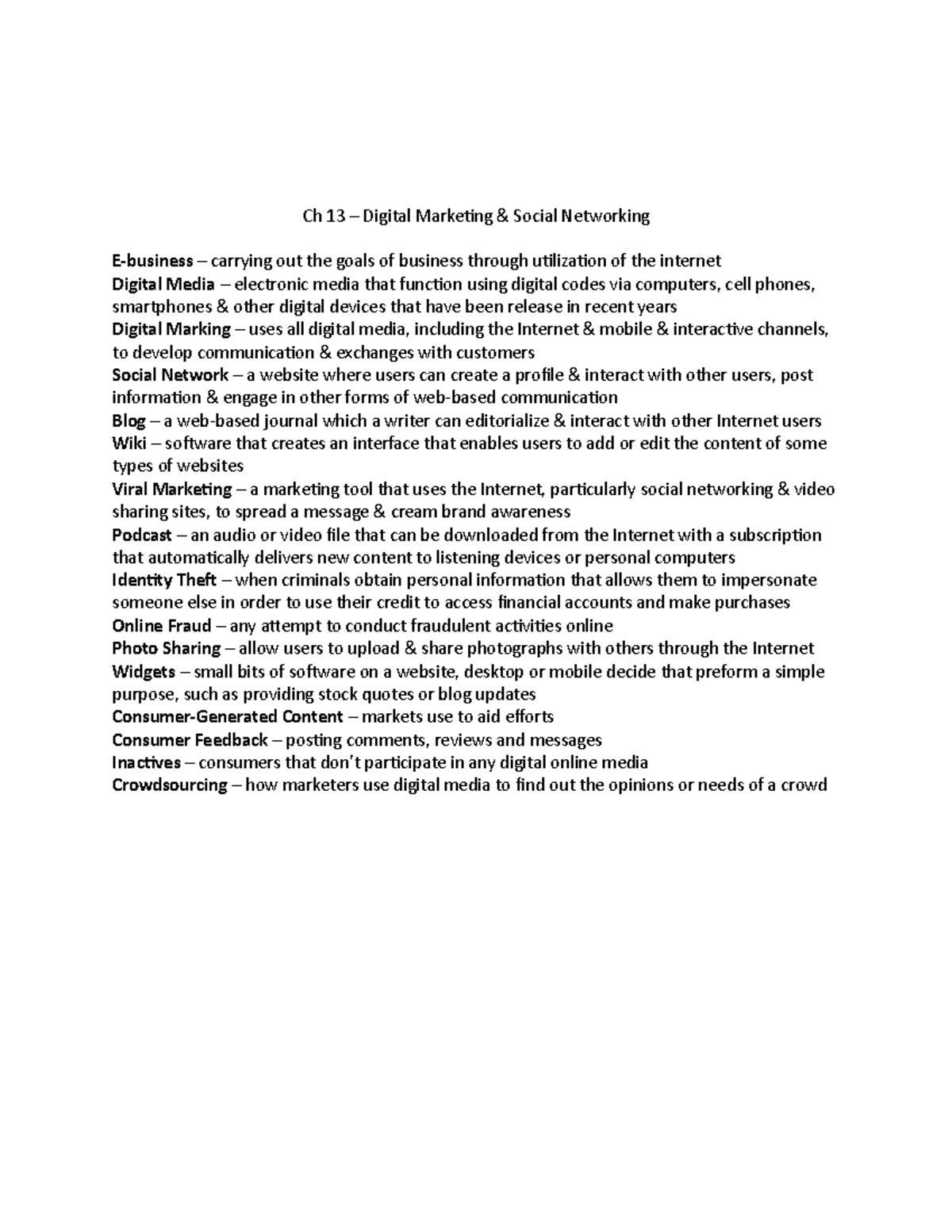 Ch 13 notes - Ch 13 – Digital Marketing & Social Networking E-business ...