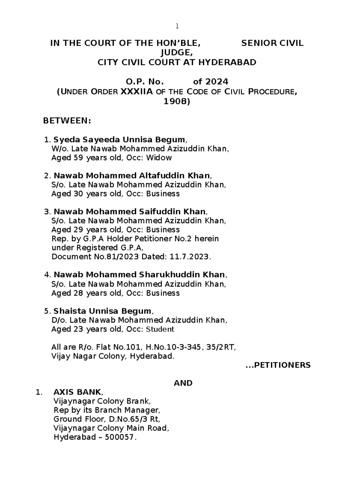 File for succeeding - IN THE COURT OF THE HON’BLE, SENIOR CIVIL JUDGE ...