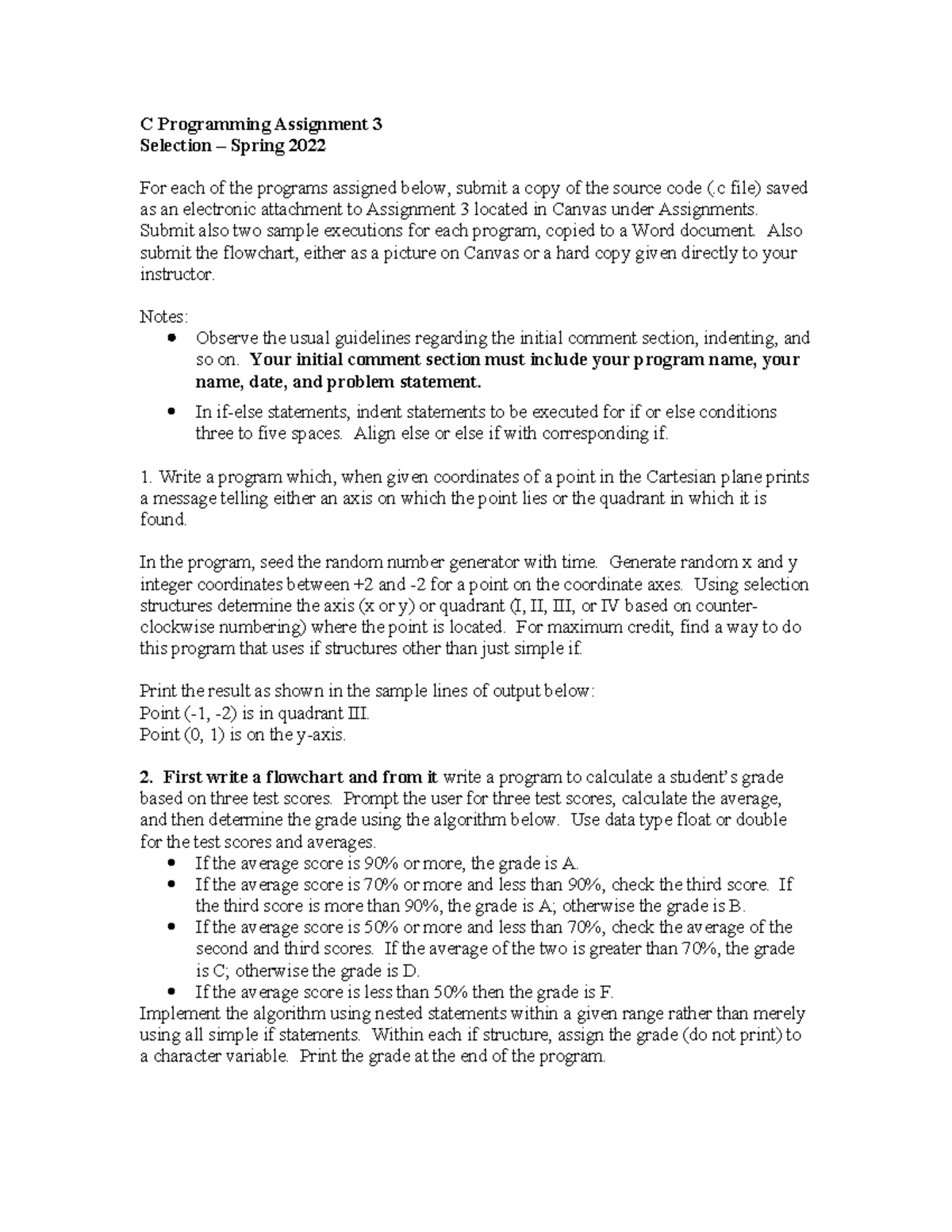 19700 Assignment 3 C Programming Assignment 3 Selection Spring 2022 For Each Of The