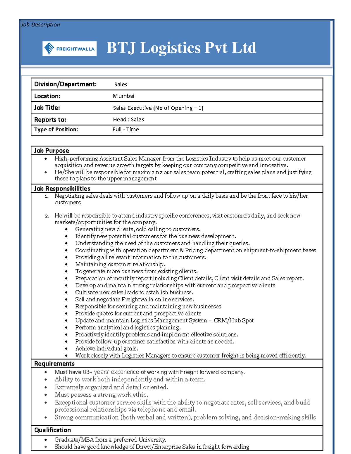 JD - Sales Executive - BTJ Logistics Pvt Ltd Division/Department: Sales ...