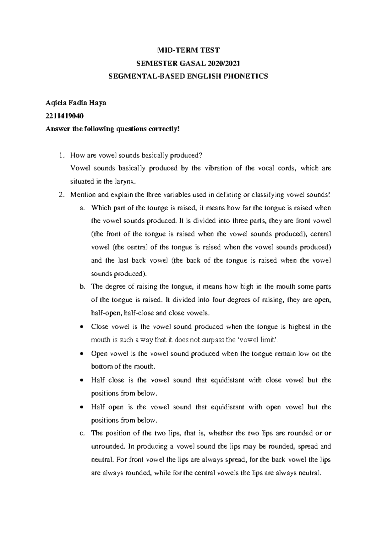 MId Term Test on Segmental based Phonetics - MID-TERM TEST SEMESTER ...