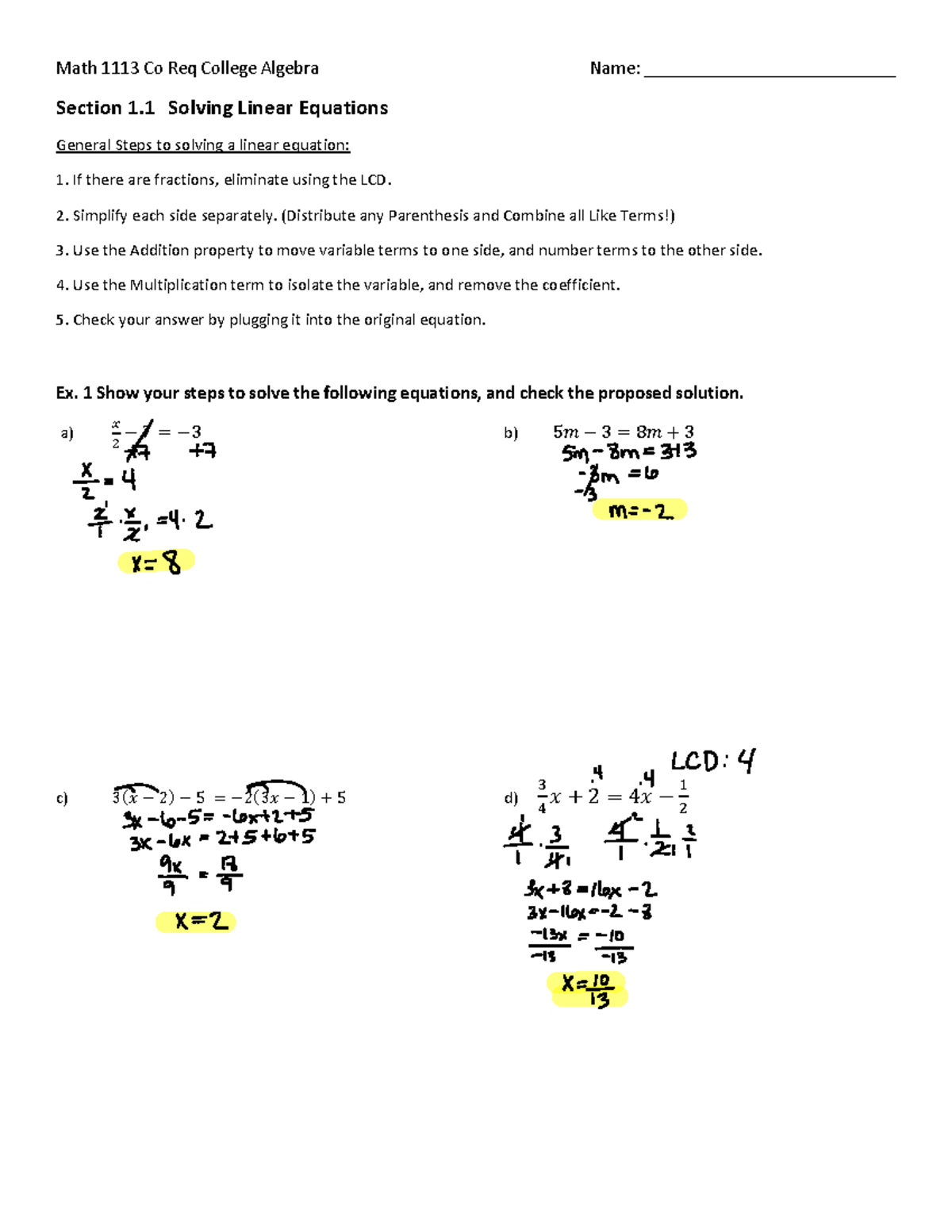 Worksheets Worksheets algebra - Math 1113 Co Req College Algebra Name