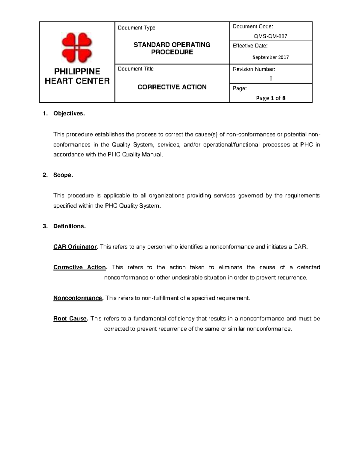 Corrective AND Preventive Action QMS - PHILIPPINE HEART CENTER QMS-QM ...