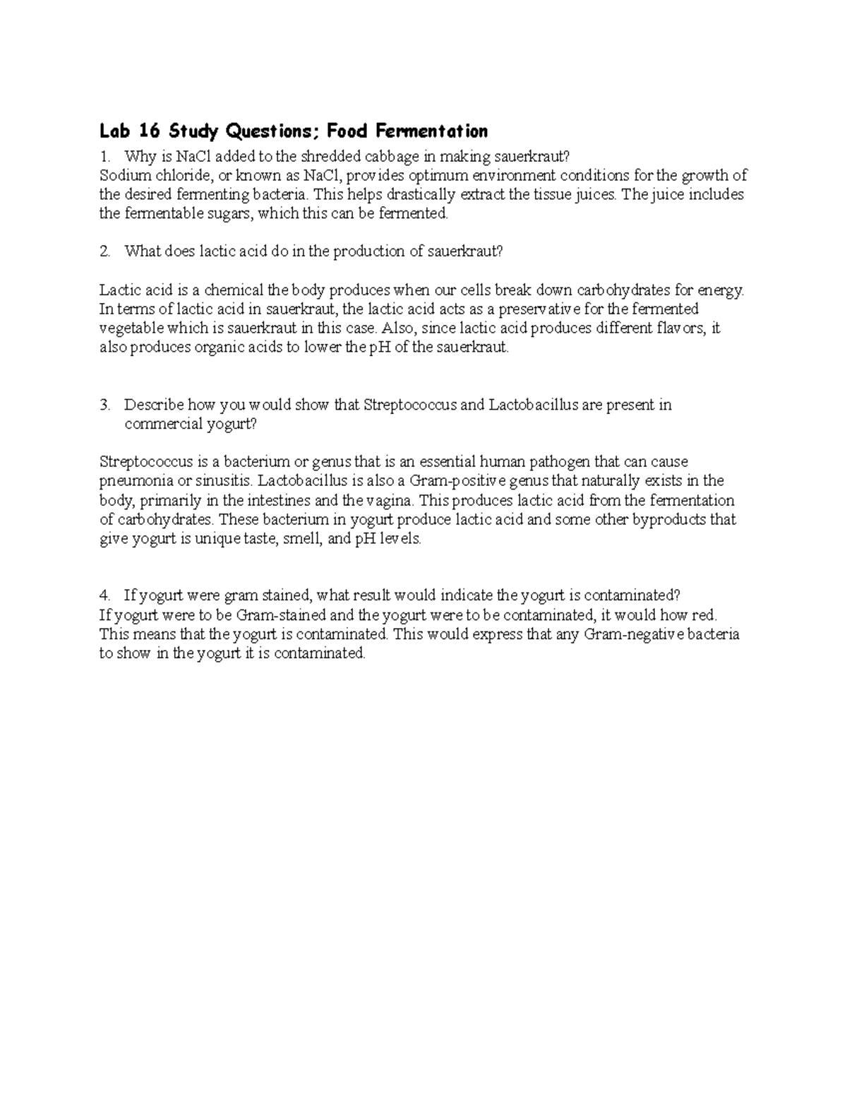 Lab 16 Study Questions - Lab 16 Study Questions; Food Fermentation Why ...