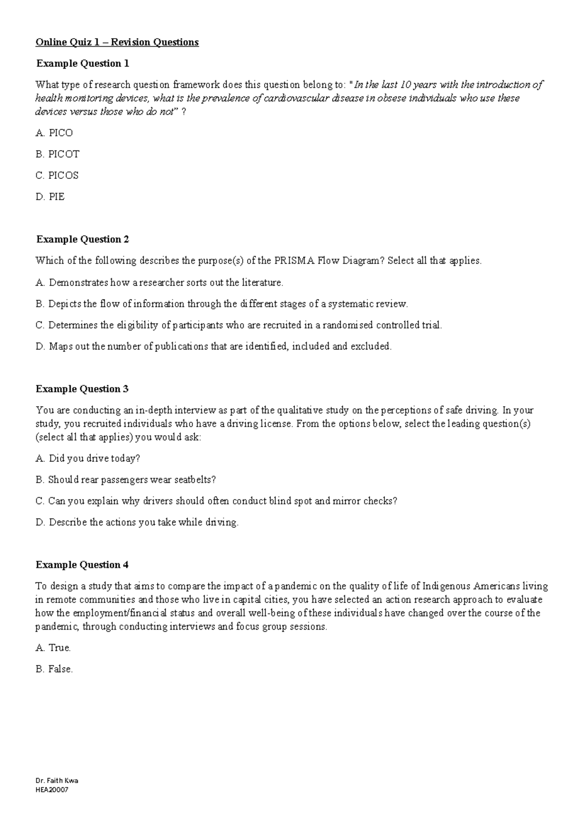 HEA2000 7 Revision Questions for Online Quiz 1 - Online Quiz 1 ...
