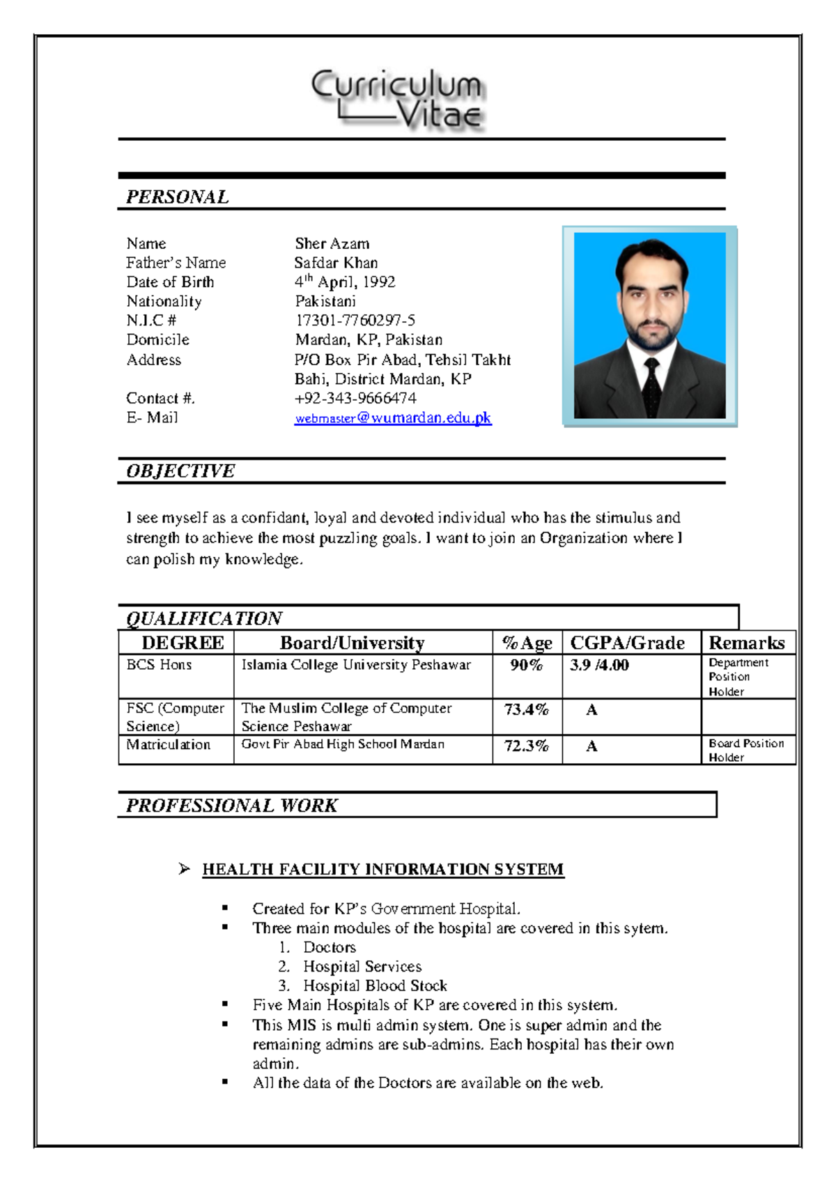 Sher Azam CV - Wid - PERSONAL Name Sher Azam Father’s Name Safdar Khan ...