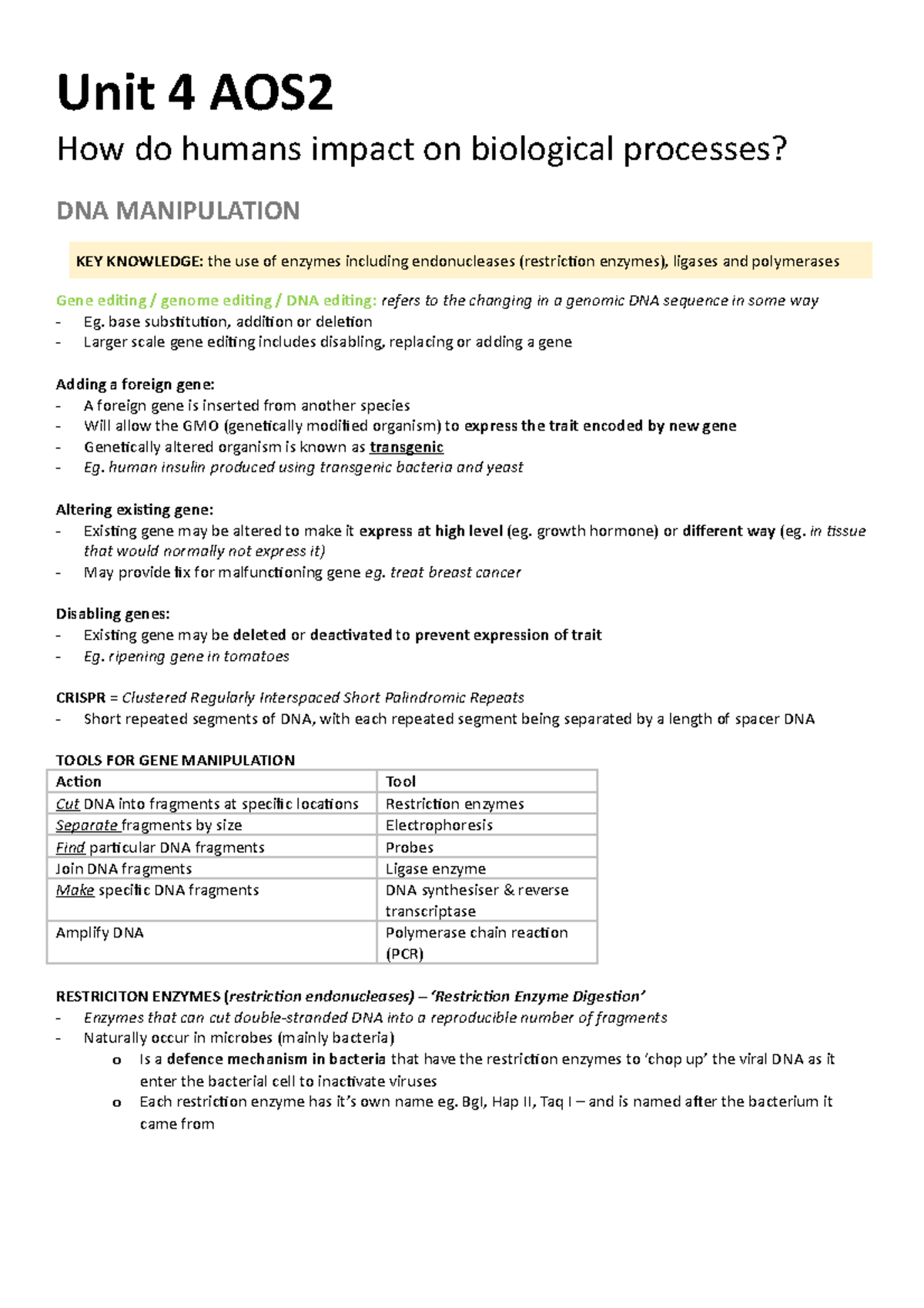 Unit 4 AOS2 Summary - KEY KNOWLEDGE: the use of enzymes including ...