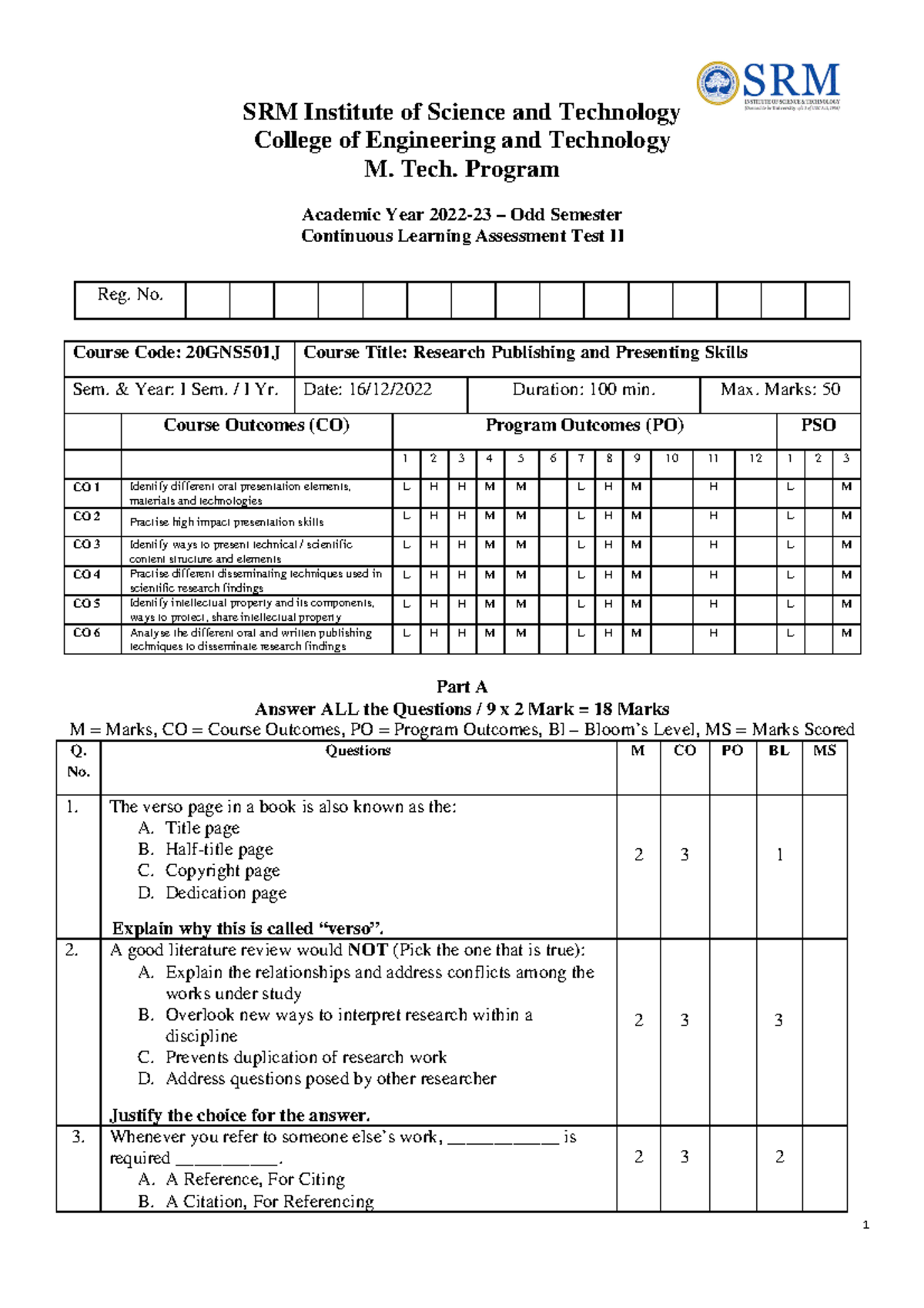 20GNS501J CLA2 2022-23 Odd QP1 - SRM Institute of Science and ...