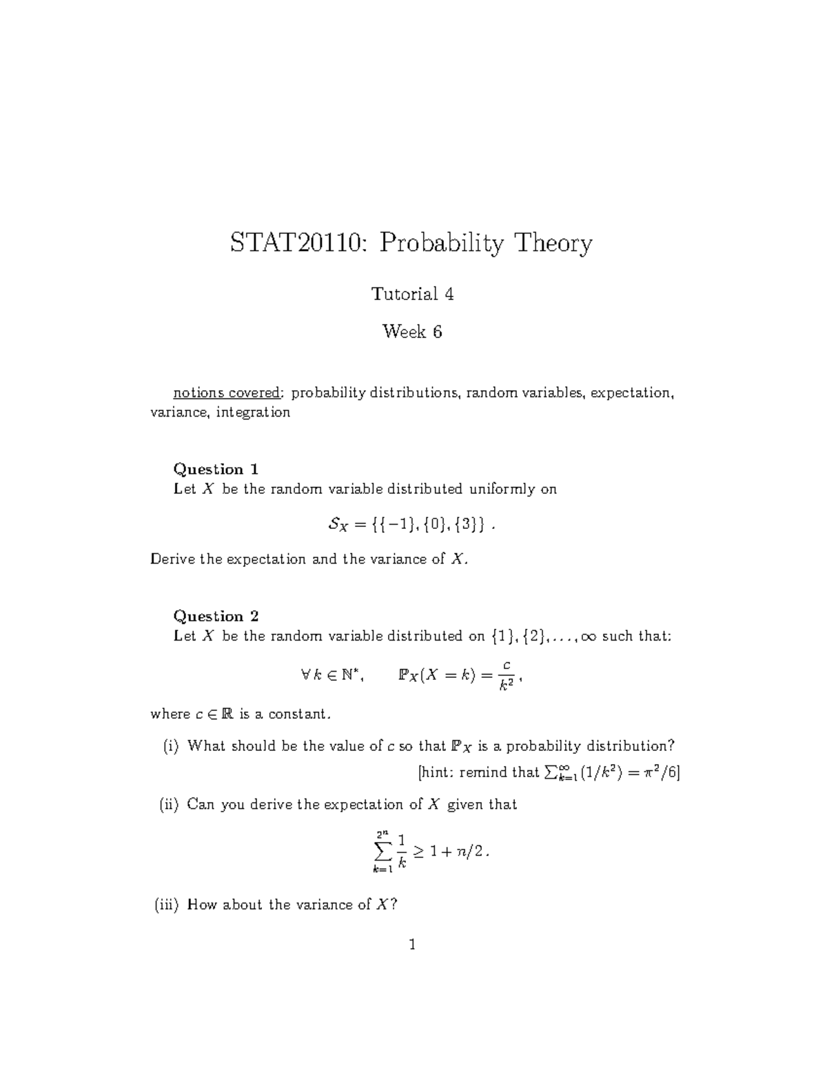 Tutorial 4 - problems - STAT20110: Probability Theory Tutorial 4 Week 6 ...