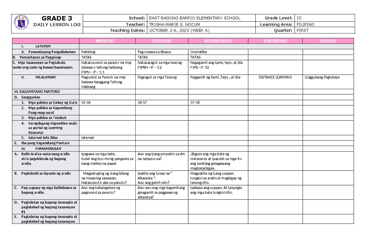 DLL Filipino-3 Q1 W6 - daily - GRADE 3 DAILY LESSON LOG School: EAST ...
