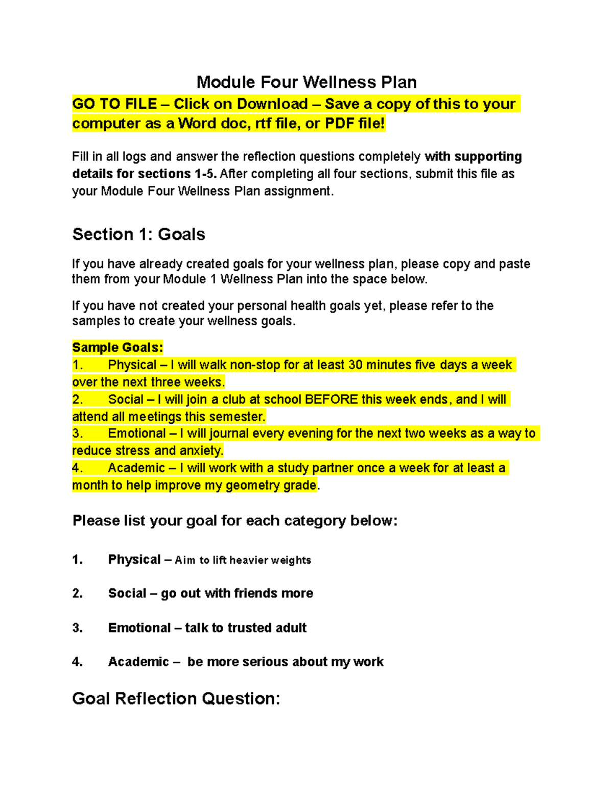 Copy of Module Four Wellness Plan - Module Four Wellness Plan GO TO ...
