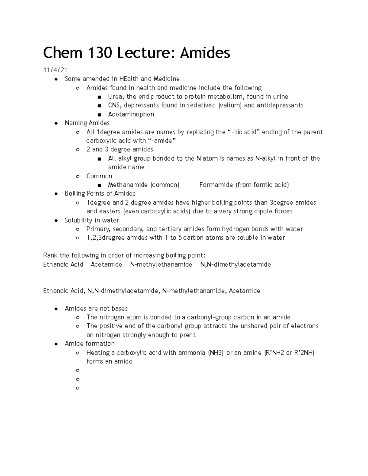 CHEM 130 Lecture Amides - Chem 130 Lecture: Amides 11/4/ Some amended ...