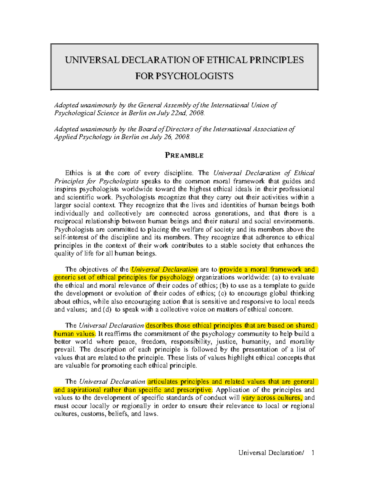 01 APA Universal Declaration of Ethics - - Studocu