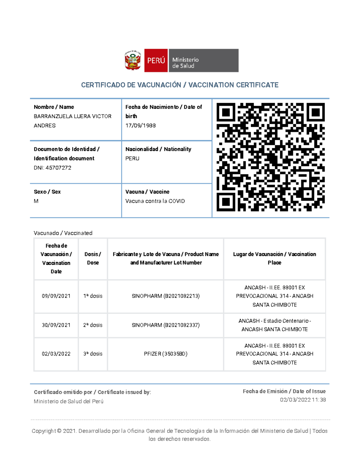 Barranzuela Vacuna - Certificado emitido por / Certificate issued by ...