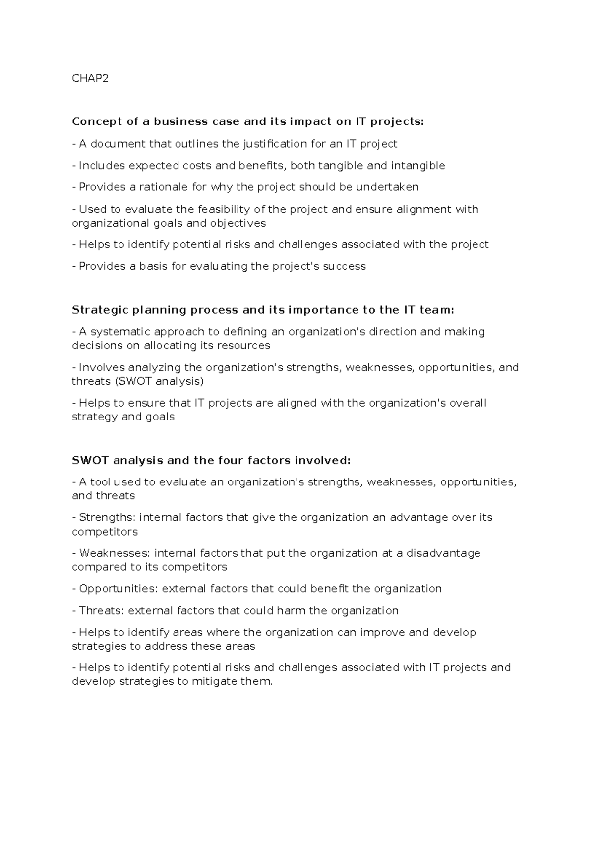 CHAP2 ISP250 note - CHAP Concept of a business case and its impact on IT projects: A document ...