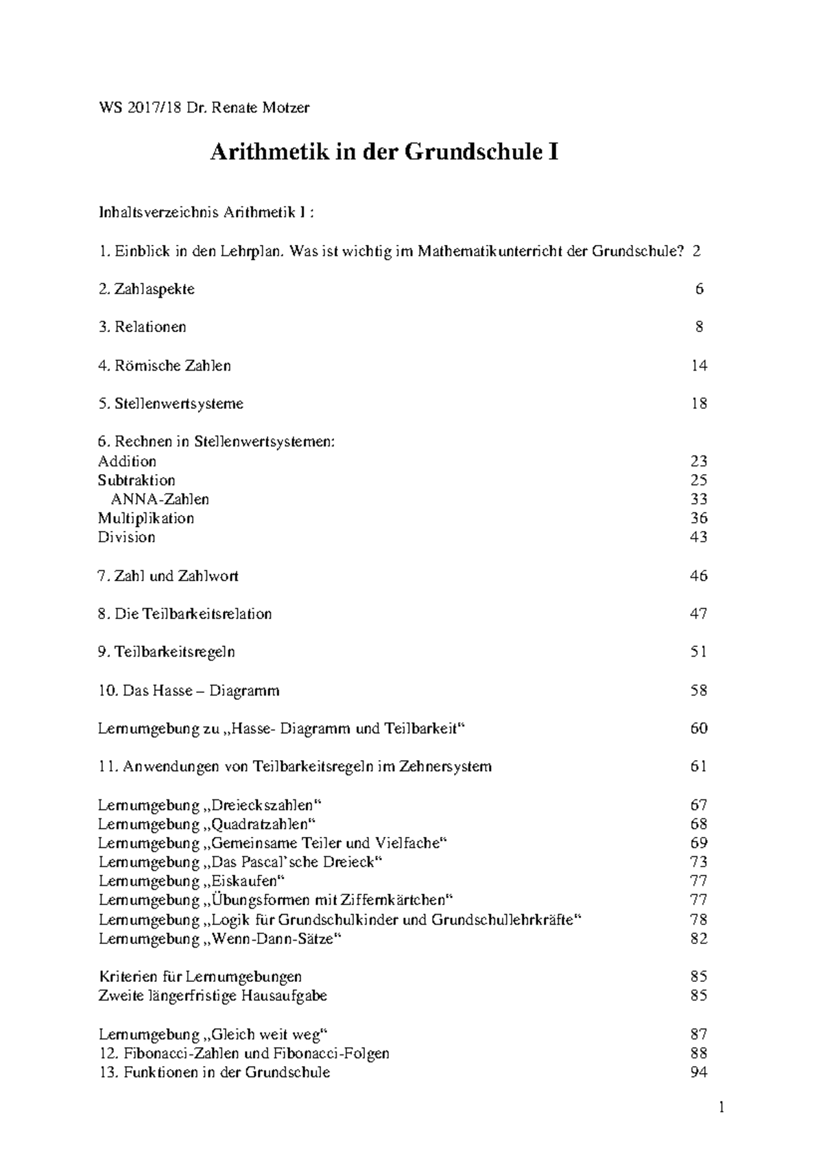 Skript Ws 201718 Dr Renate Motzer Arithmetik In Der Grundschule I Einblick In Den Lehrplan 