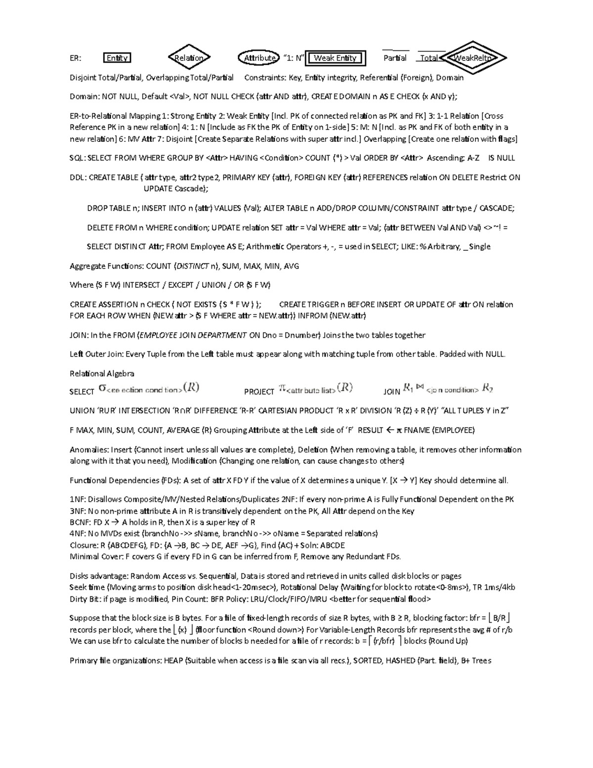 Cheat Sheet - ER: Entity Relation Attribute “1: N” Weak Entity Partial ...
