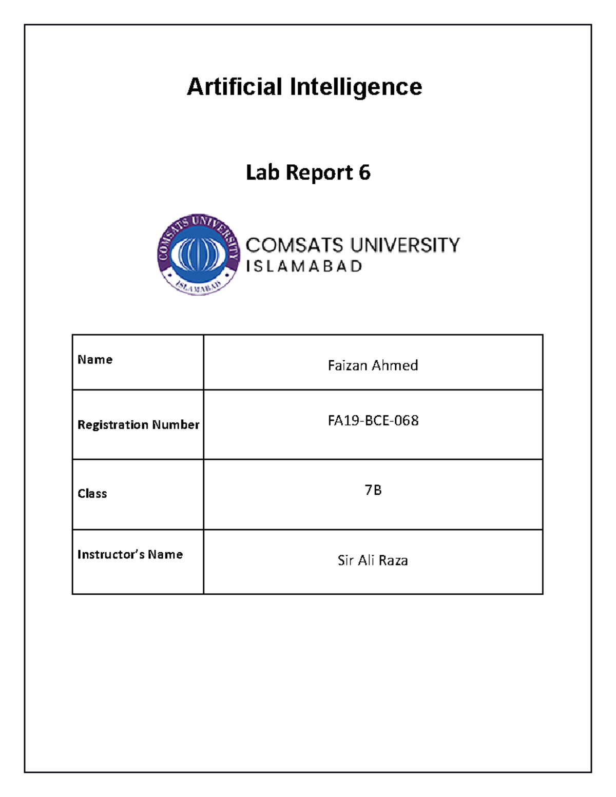 Artificial intelligence lab report 6 - Artificial Intelligence Lab ...