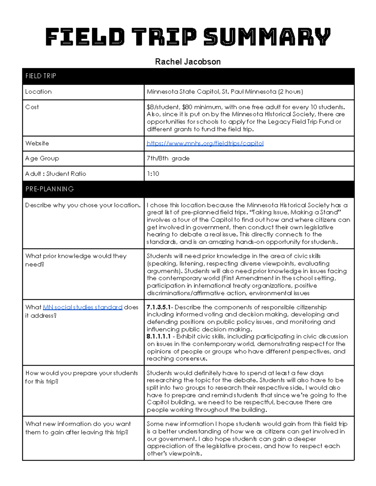Field Trip - Professor Kristen Cooper - FIELD TRIP SUMMARY Rachel ...