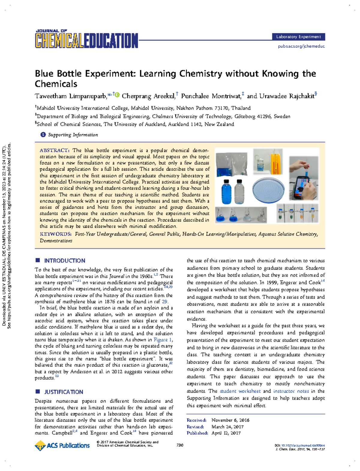 Limpanuparb et al 2017 blue bottle experiment learning chemistry ...