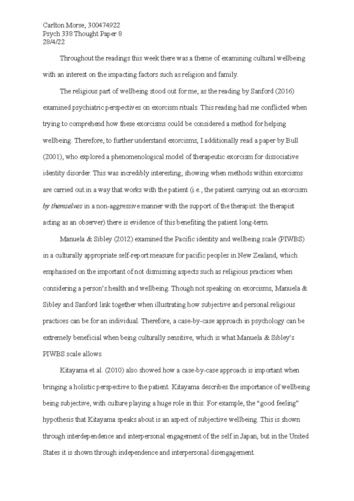 Thought paper week 8 - Carlton Morse, 300474922Psych 338 Thought Paper ...