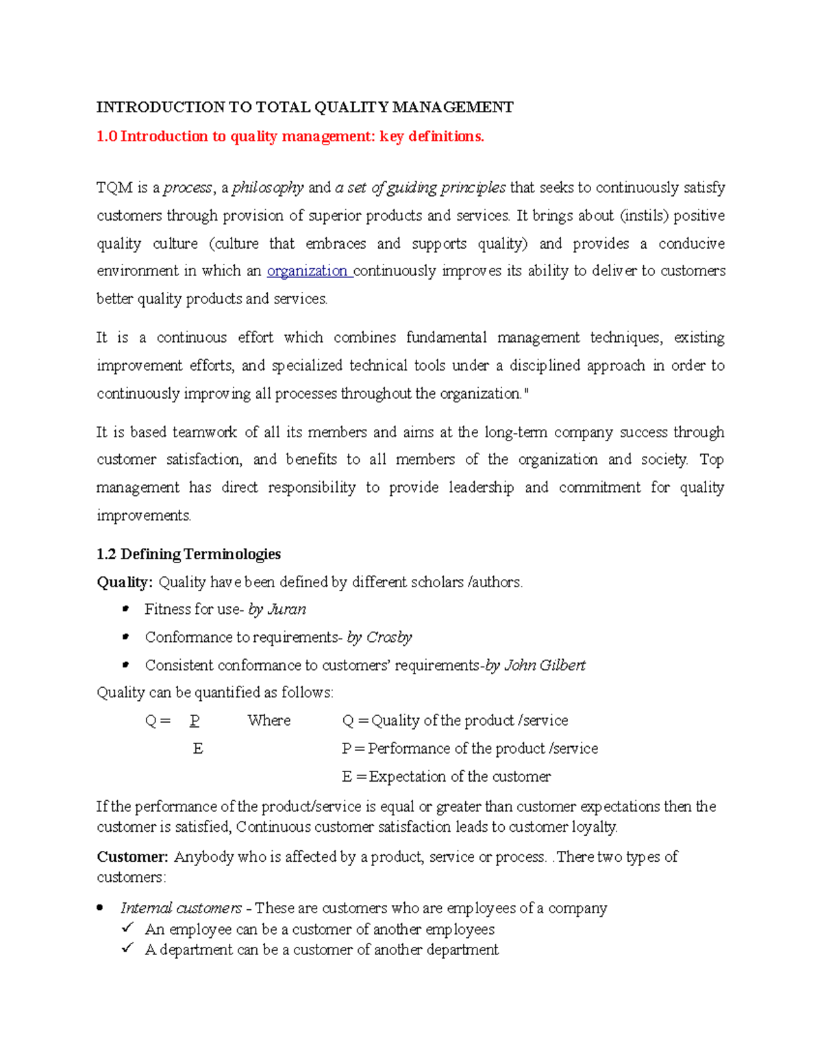 Topic 1 Introduction TO Total Quality Management - INTRODUCTION TO TOTAL QUALITY MANAGEMENT 1 ...