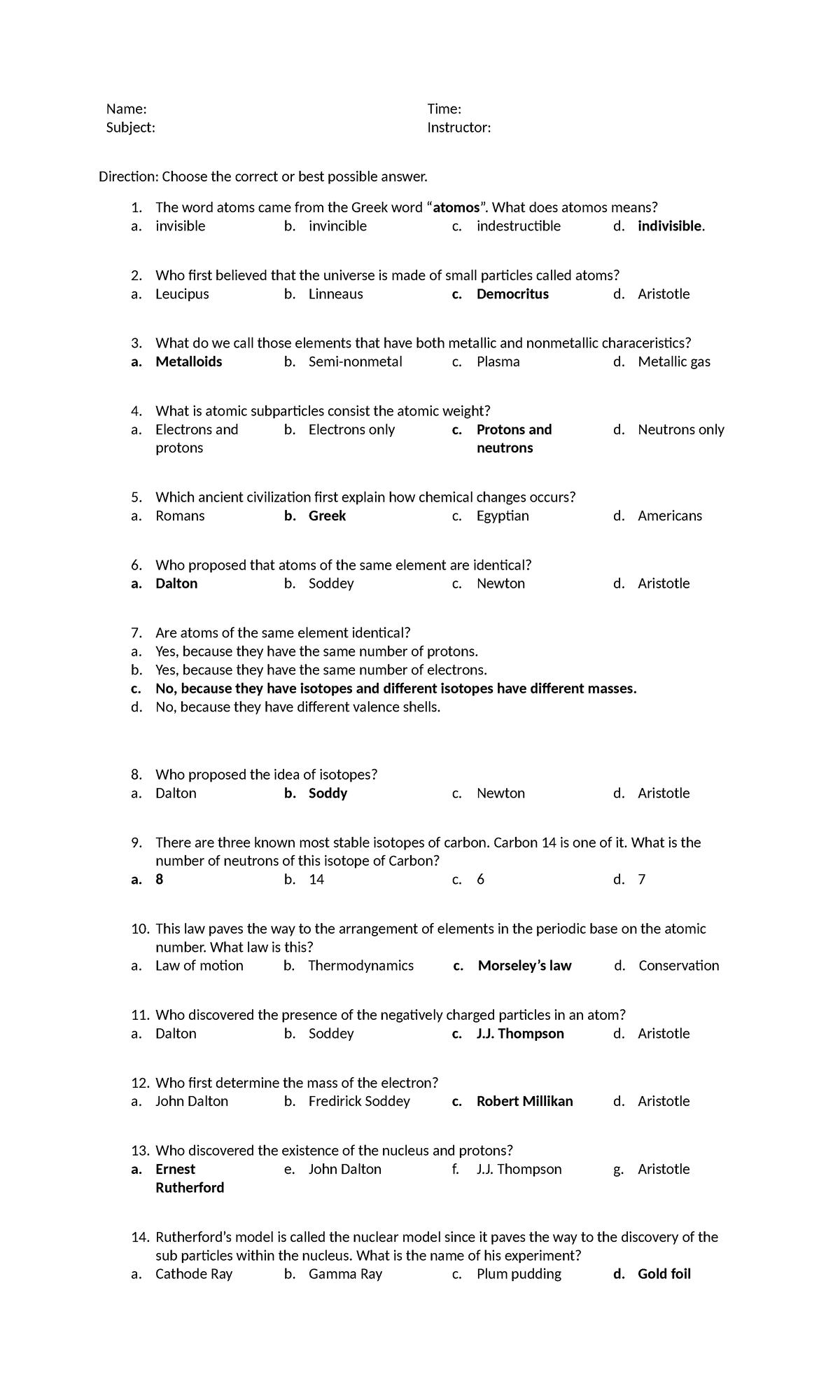 Prelim Exam+Answer - Name: Time: Subject: Instructor: Direction: Choose ...