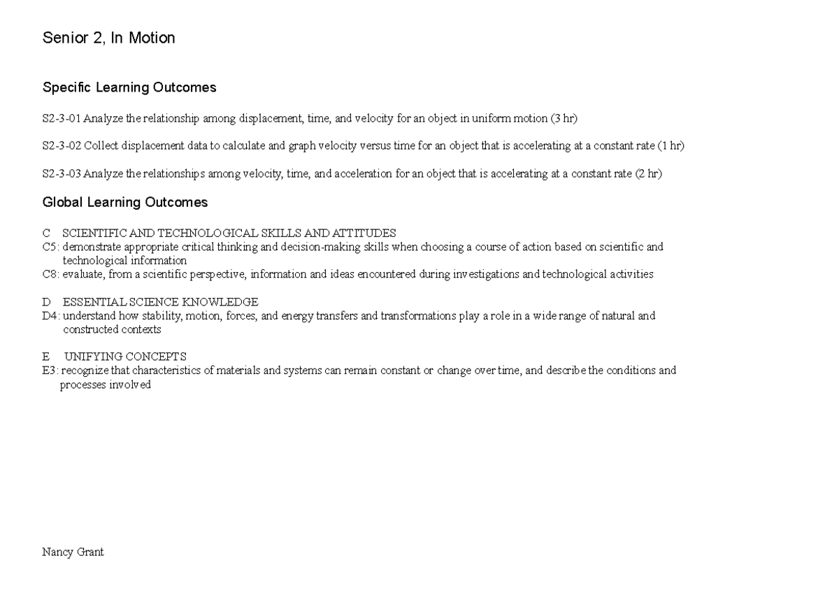 S2-3-01 - In Motion - Lesson Sequence - Senior 2, In Motion Specific ...