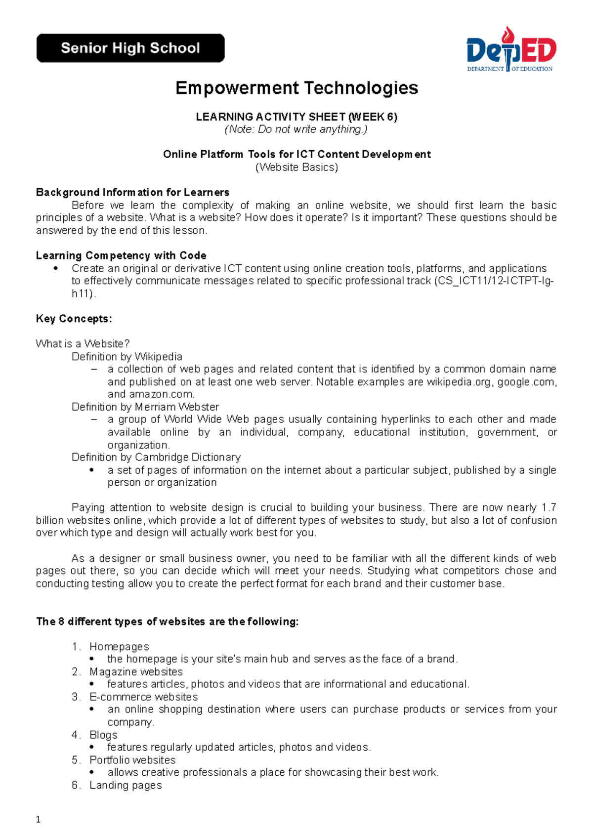Etech Module Q1 W6 - Empowerment Technologies LEARNING ACTIVITY SHEET ...