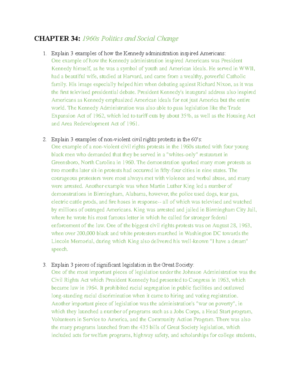 Chapter 34 HW Questions - CHAPTER 34: 1960s Politics and Social Change ...