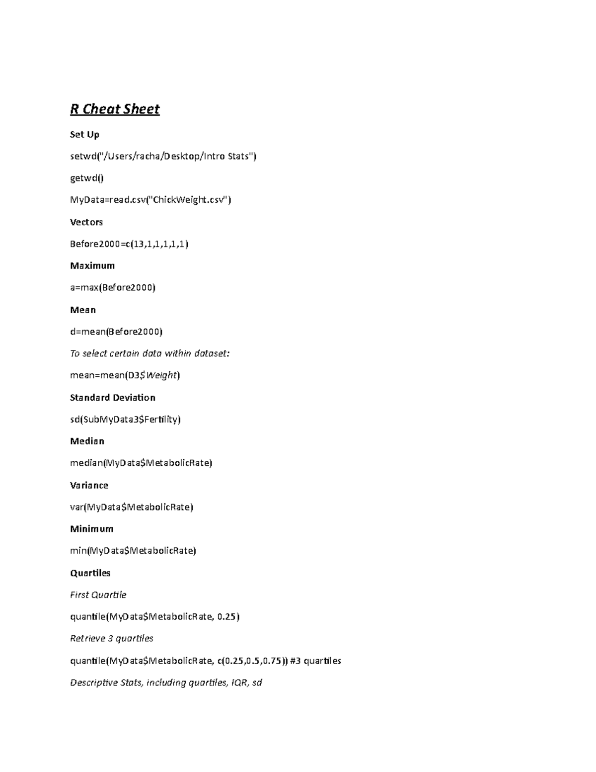 R-Cheat-Sheet - R Cheat Sheet Set Up getwd() Vectors Maximum Mean To ...