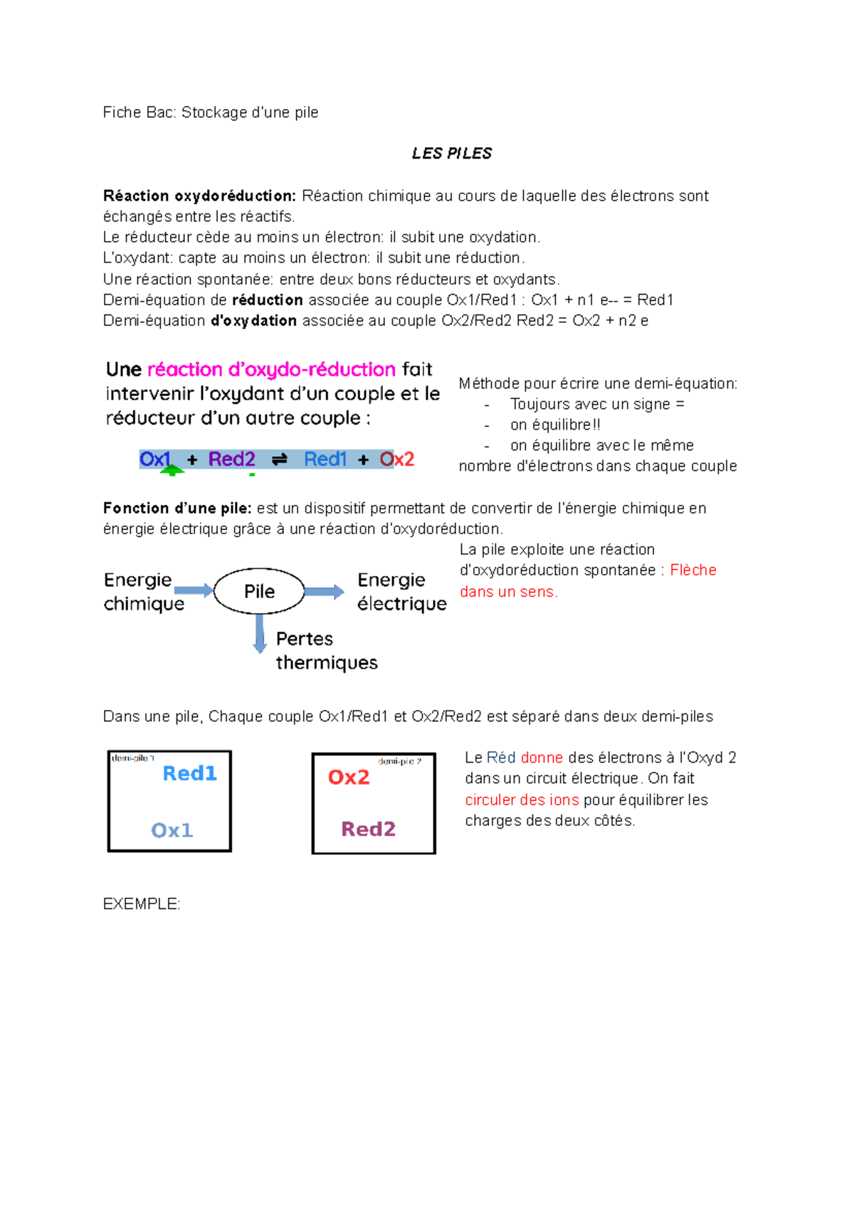 Fiche Bac Stockage d’une pile - Fiche Bac: Stockage d’une pile LES ...