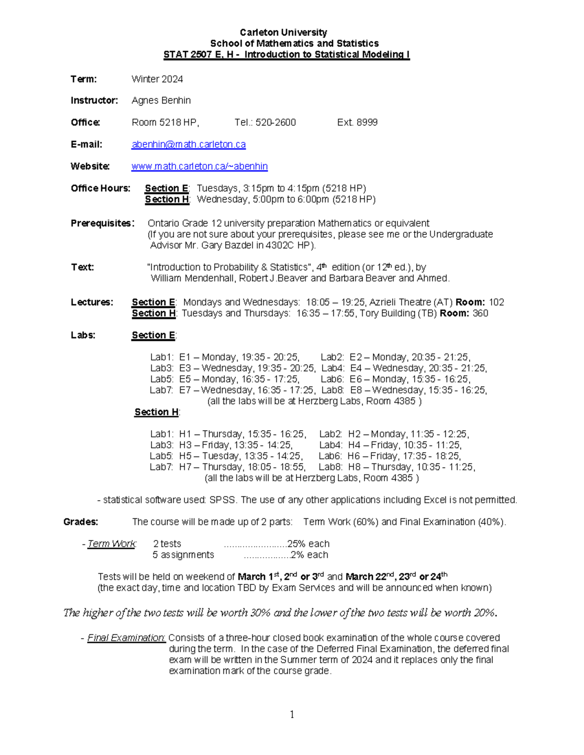 Course Outline STAT2507E H - Carleton University School of Mathematics ...